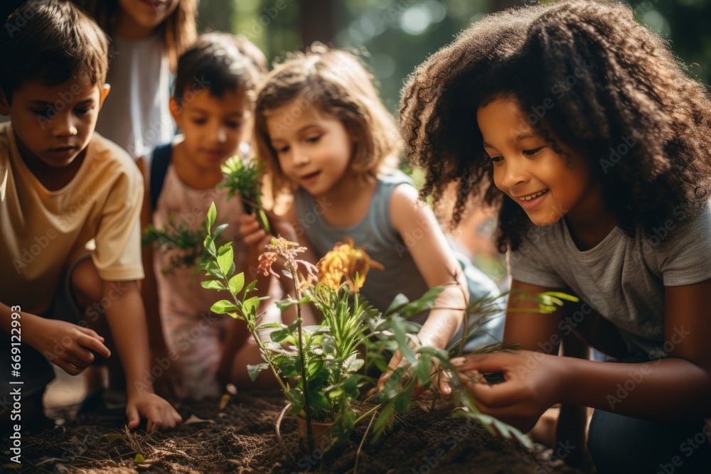 Beautiful little multi-ethnic children bend over a tiny green sprout in ...