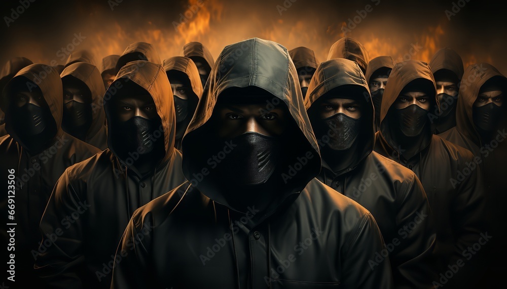 men who are masked criminals and part of the mafia. with fire in the ...