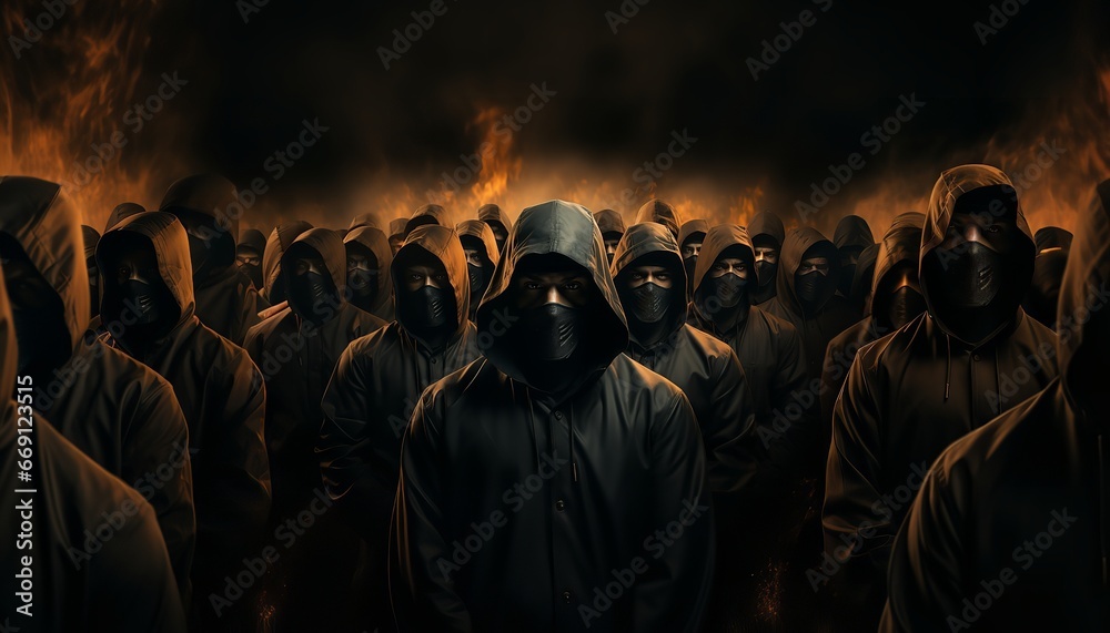 men who are masked criminals and part of the mafia. with fire in the ...