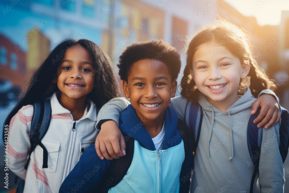 Happy schoolchildren group looking at camera. Smiling multiethnic kids ...