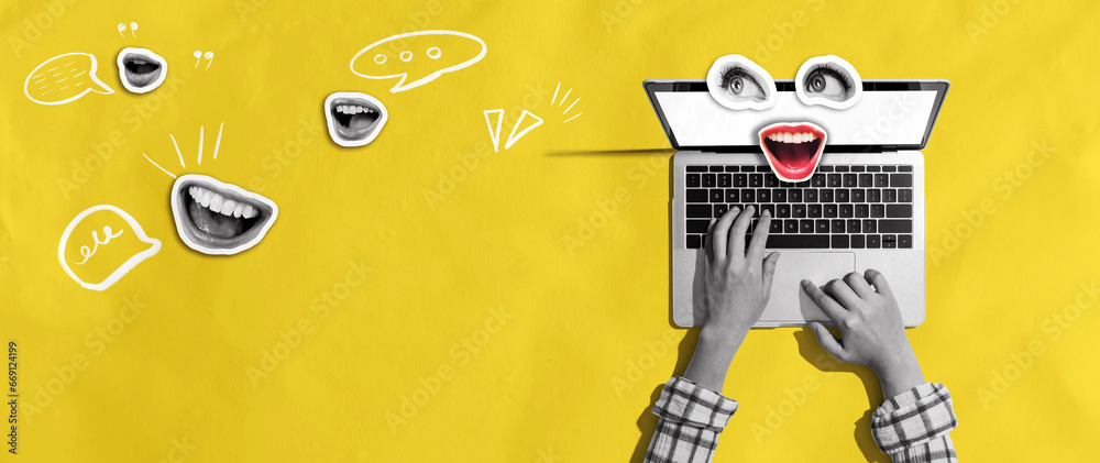 Person using a laptop computer with eyes and mouth - Photo collage ...