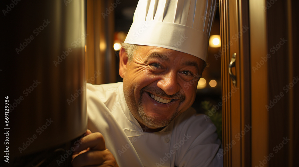 A chef with an oversized chef's hat trying to squeeze through the ...