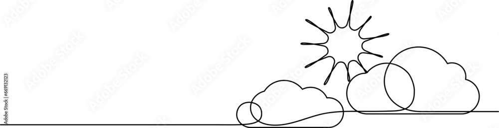 continuous single line drawing of sun above clouds, weather line art ...