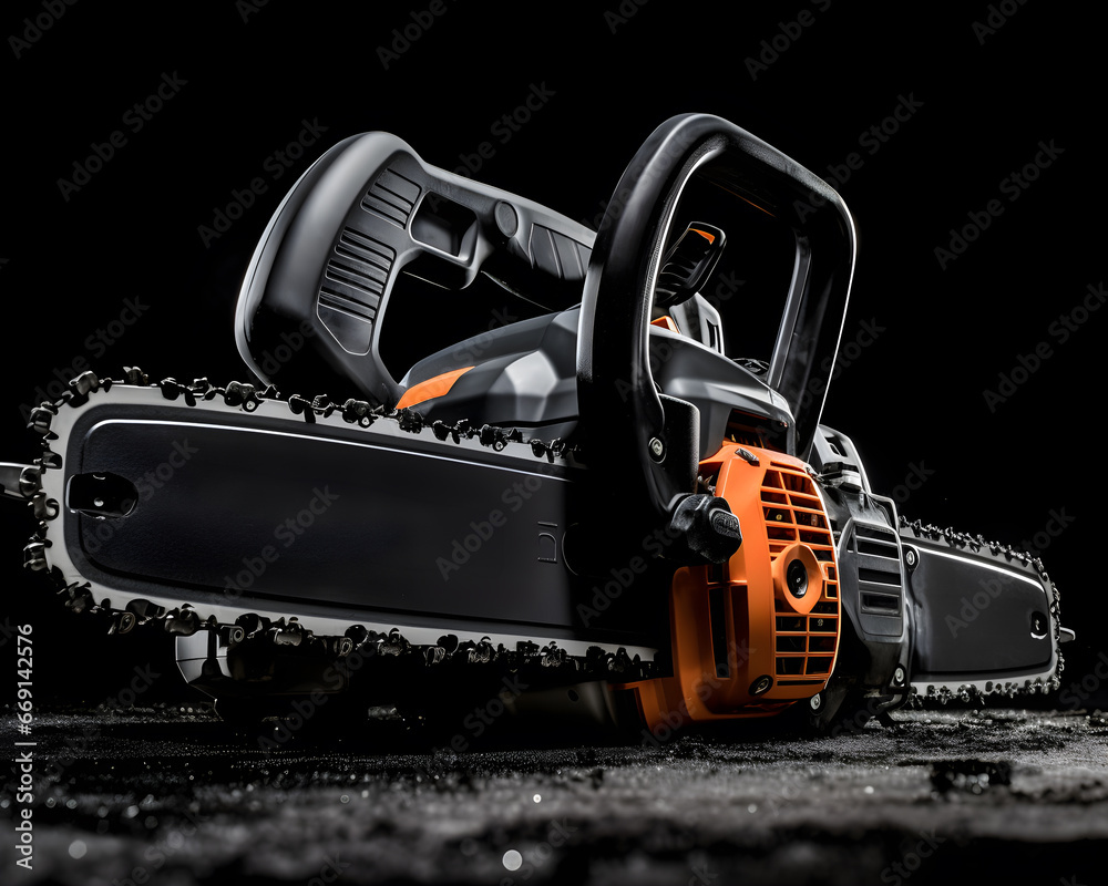 A modern black chainsaw is isolated on a black background. Can be used ...
