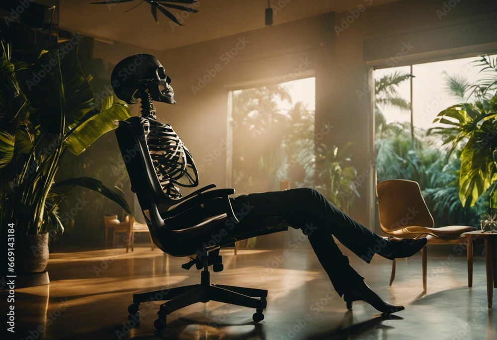 An AI illustration of a skeleton is sitting on a desk chair in an ...