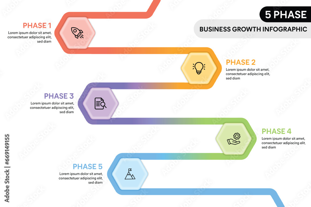 Hexagon shape loop zig zag infographics. 5 Step business process ...