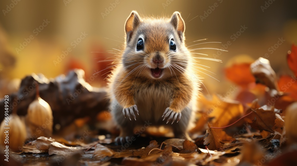 a small rodent standing on its hind legs in a pile of leaves with its ...