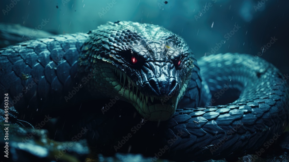 a close up of a snake with red eyes on it's head and a black snake with ...