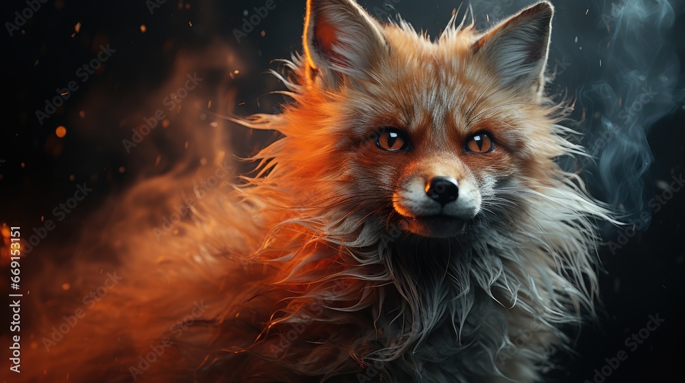 a close up of a red fox on a black background with a blurry image of it ...