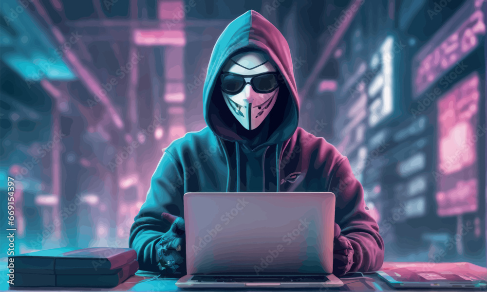 hacker with laptop and mask hacker with laptop and maska hacker in a ...