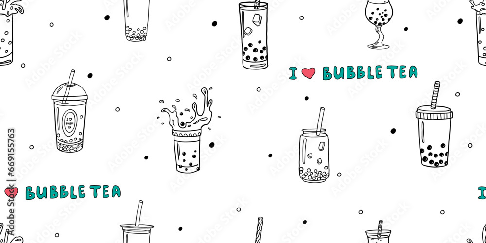Seamless pattern of hand drawn bubble tea theme elements and lettering ...