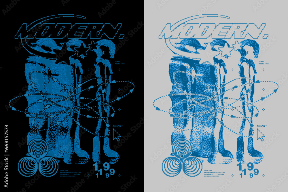 Abstract retro futuristic poster with blurred people. Modern pixel ...