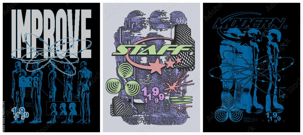 Abstract retro futuristic poster with blurred people. Modern pixel ...