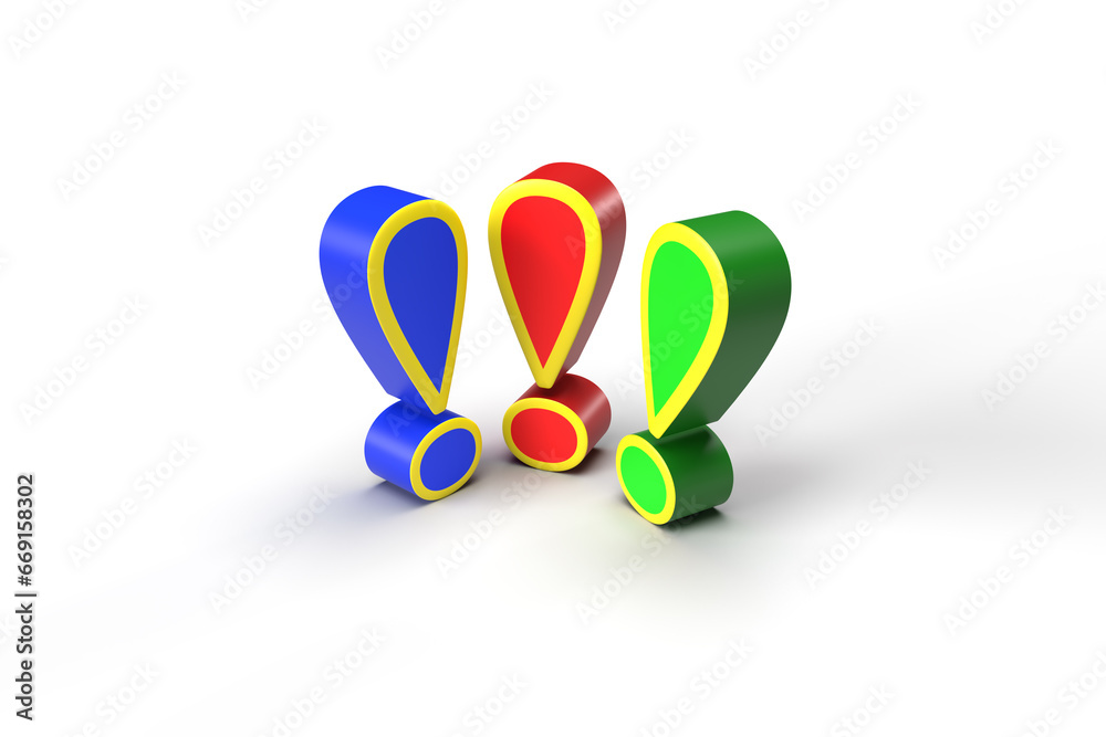 3d render blue exclamation mark. 3d render red exclamation mark. 3d render green exclamation ...