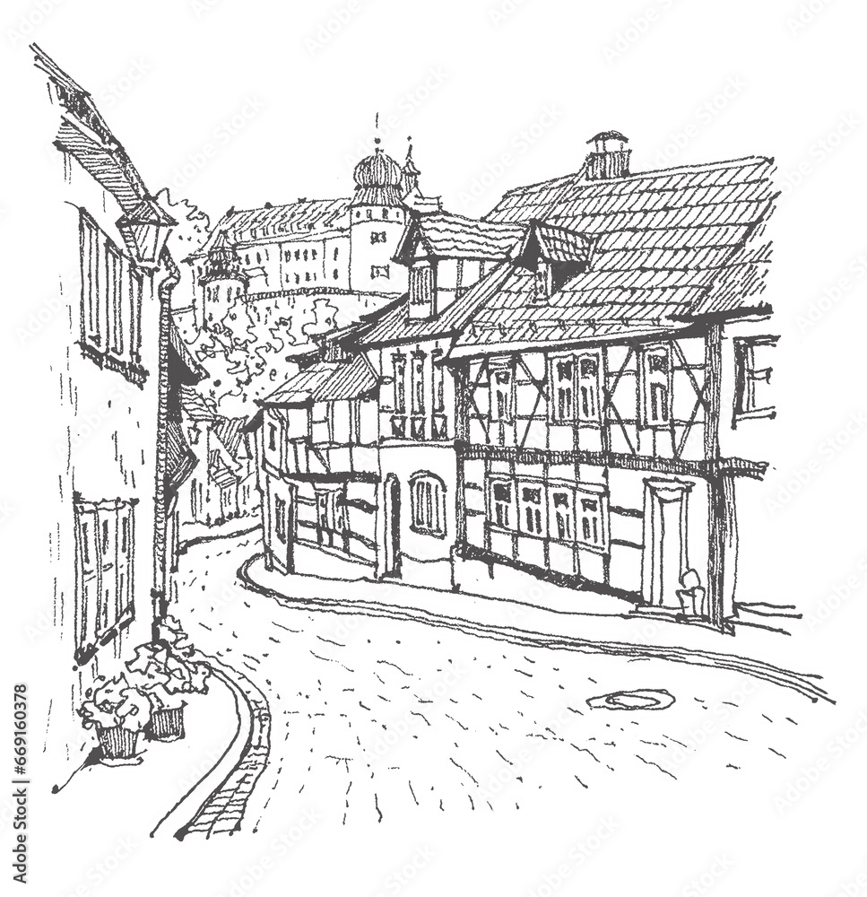 Travel illustration of the Castle in Stolberg, Sachsen-Anhalt, Germany ...