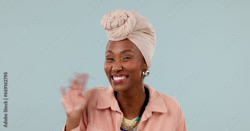 Hands, wave and face of woman in studio to say hello, welcome and ...