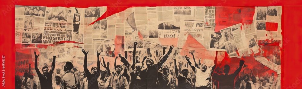 Crowd of excited people, protesting with their hands up. Revolution and ...