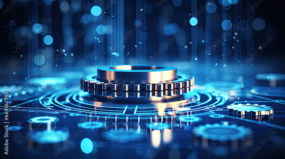 Gears icon on a digital display with reflection. Concept of business process workflow ...