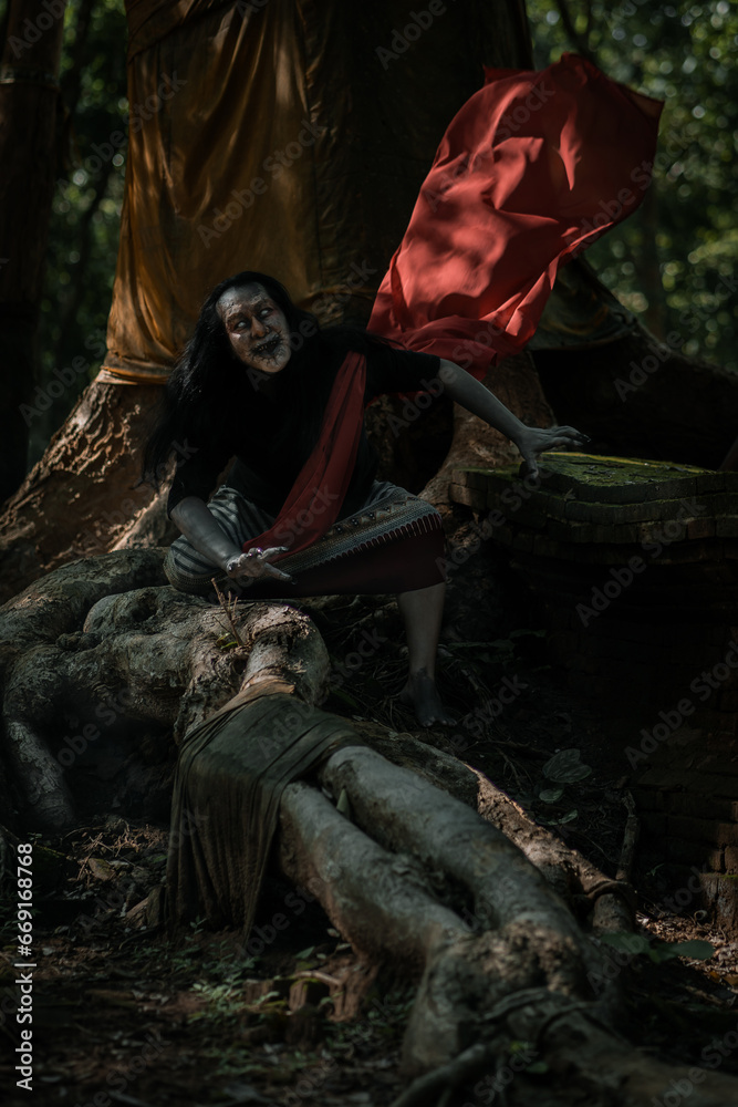 Halloween Ghost and the Devil show pretty Asian women wearing an ...