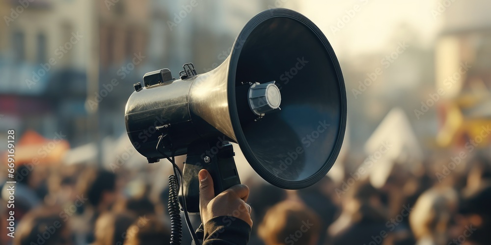 A person holding a megaphone and addressing a large crowd. This image ...