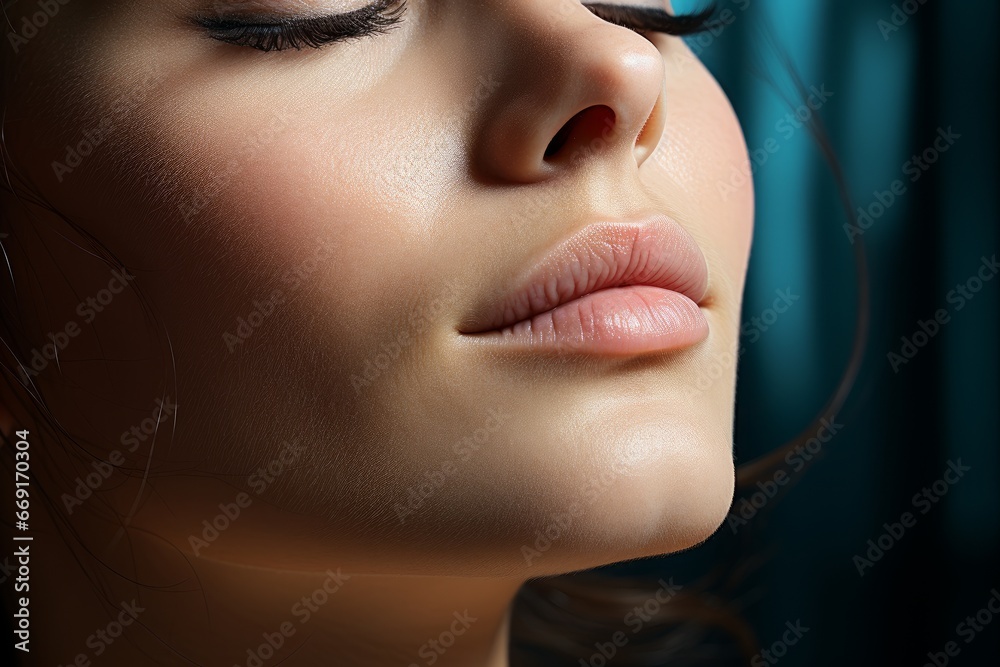 In a close-up beauty shot, the focus is on female lips adorned with ...