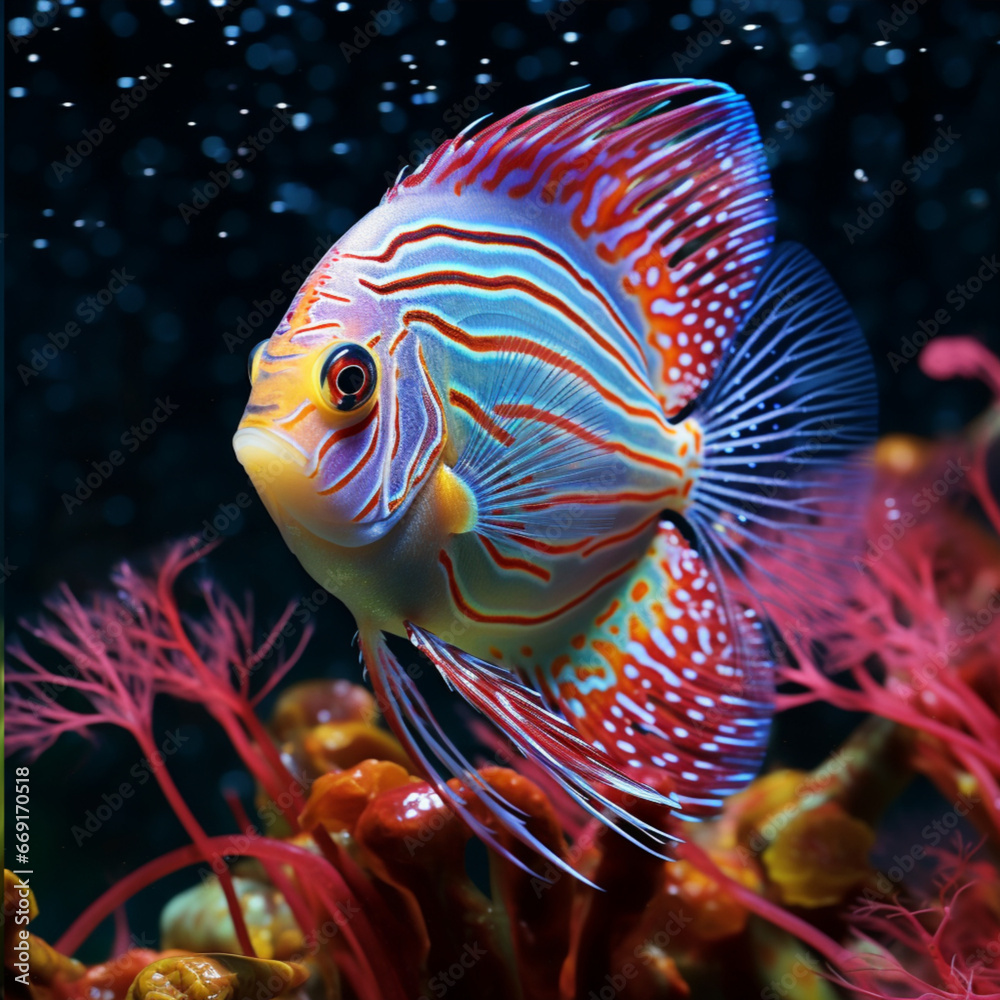 full body wide angle shot of a melting discus fish with moist rainbow ...