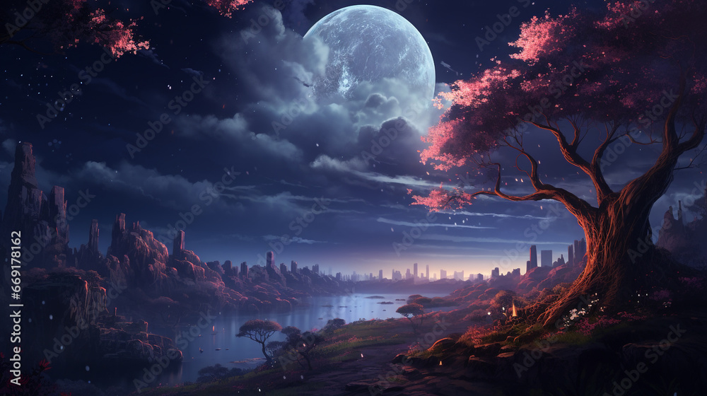 Illustration of japanese or fantasy eastern landscape. Huge moon. Anime ...