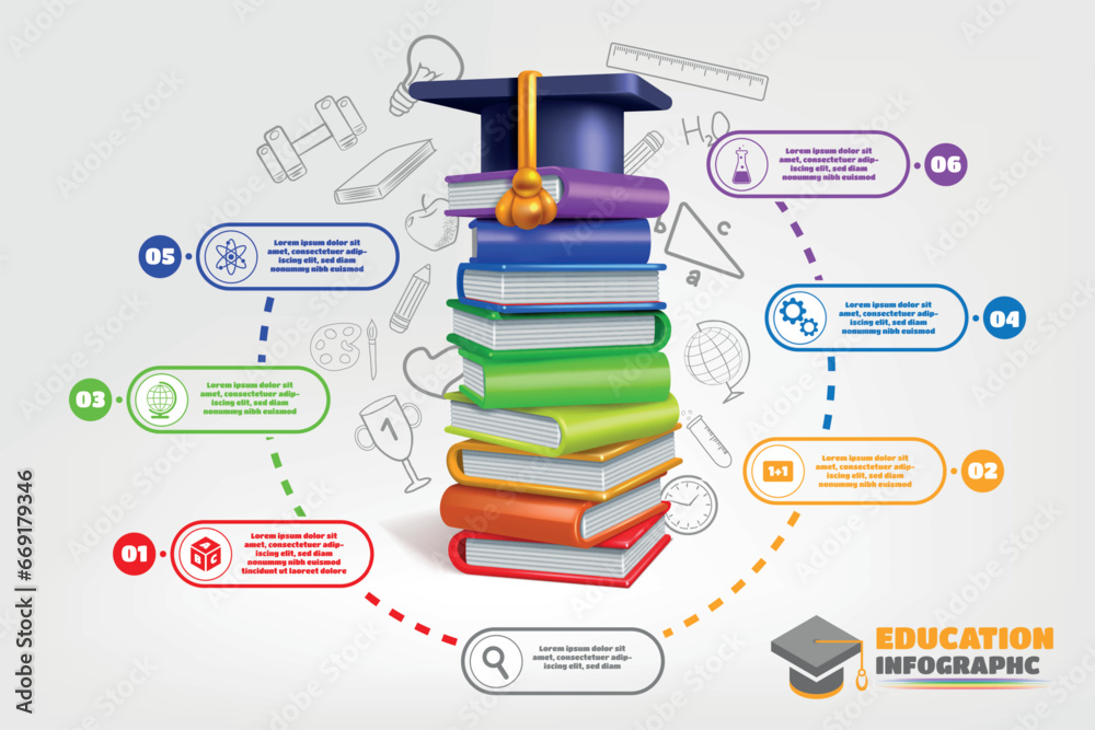 School books. Education infographic. Textbook stack. Graduation hat ...