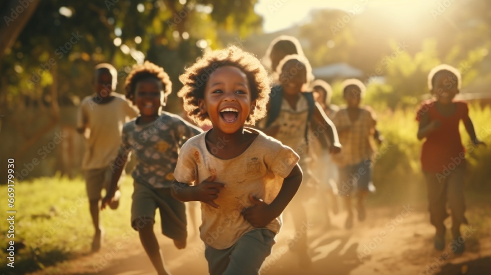 Group of African Little Children Running Towards the Camera and ...
