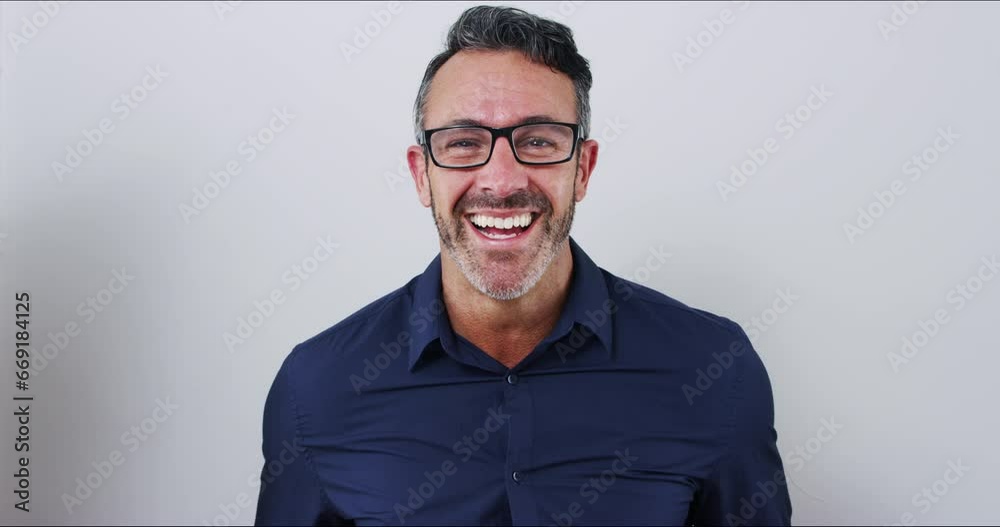 Vision, man and face with glasses in studio with sight problem, eye ...