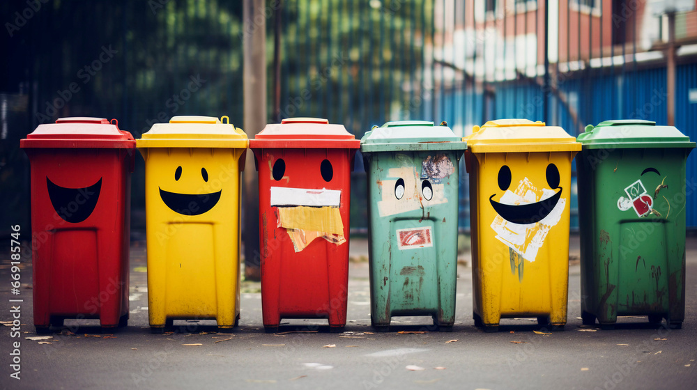 Poster funny recycling trash, street garbage, colored waste bins ...