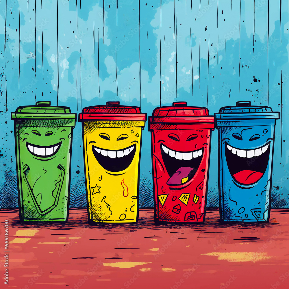 funny recycling trash, street garbage, colored waste bins, Generative ...