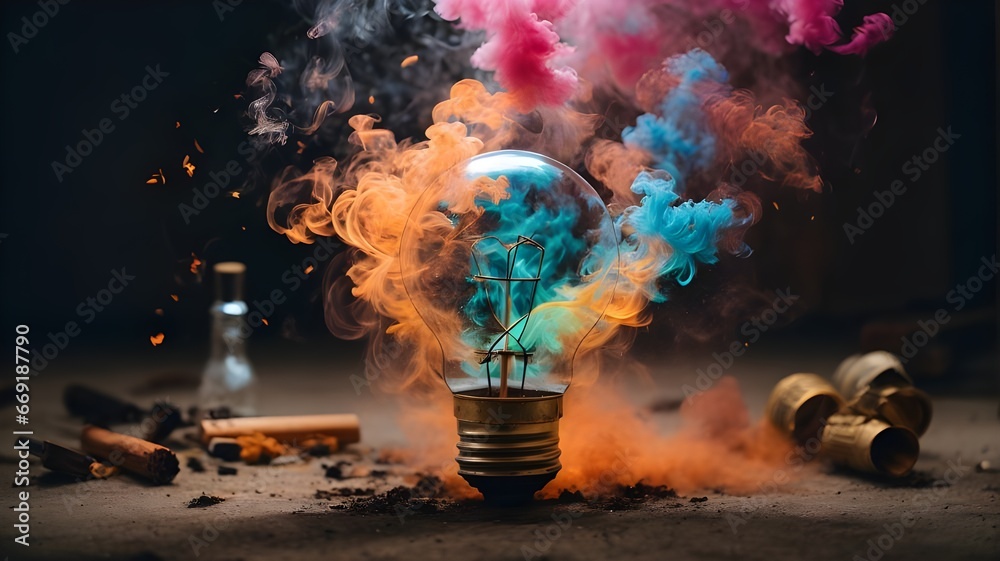 Creative design of an exploded light bulb with colorful colors got out ...