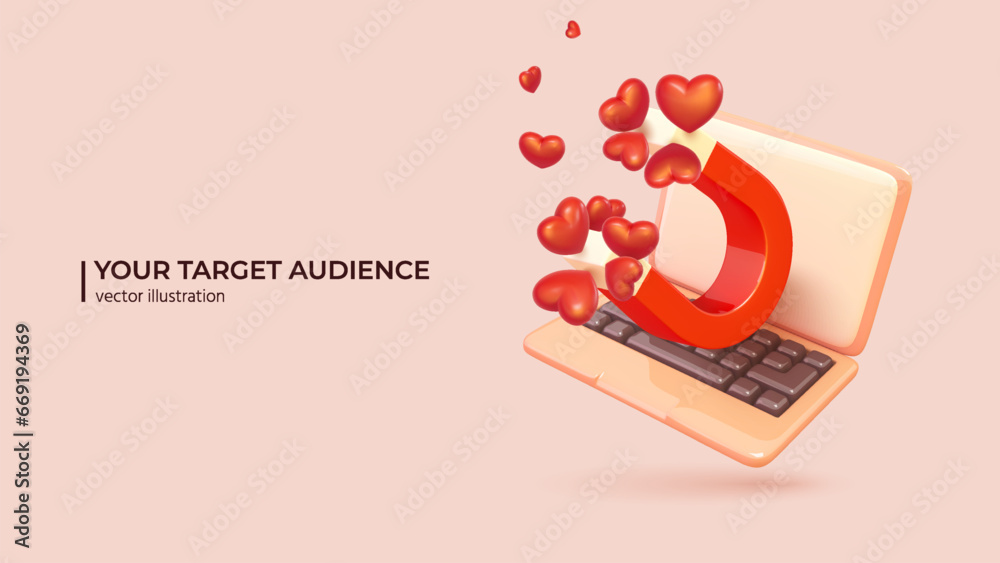 Magnets and Hearts icon that float out of laptop screen - 3D Concept ...