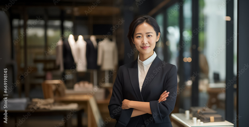 A stylish Asian businesswoman with a beautiful appearance is trying on ...