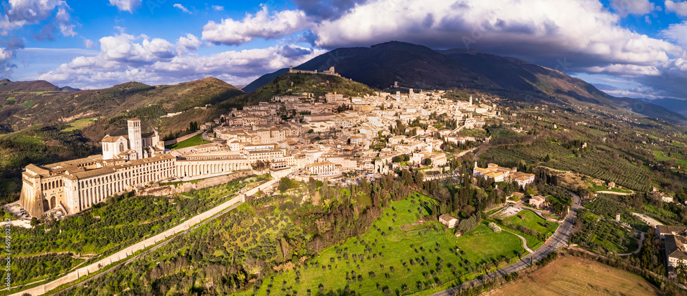 Italy . Impressive medieval Assisi town in Umbria and religious place ...