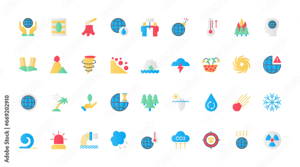 Global environment disasters due to climate change flat icons set ...
