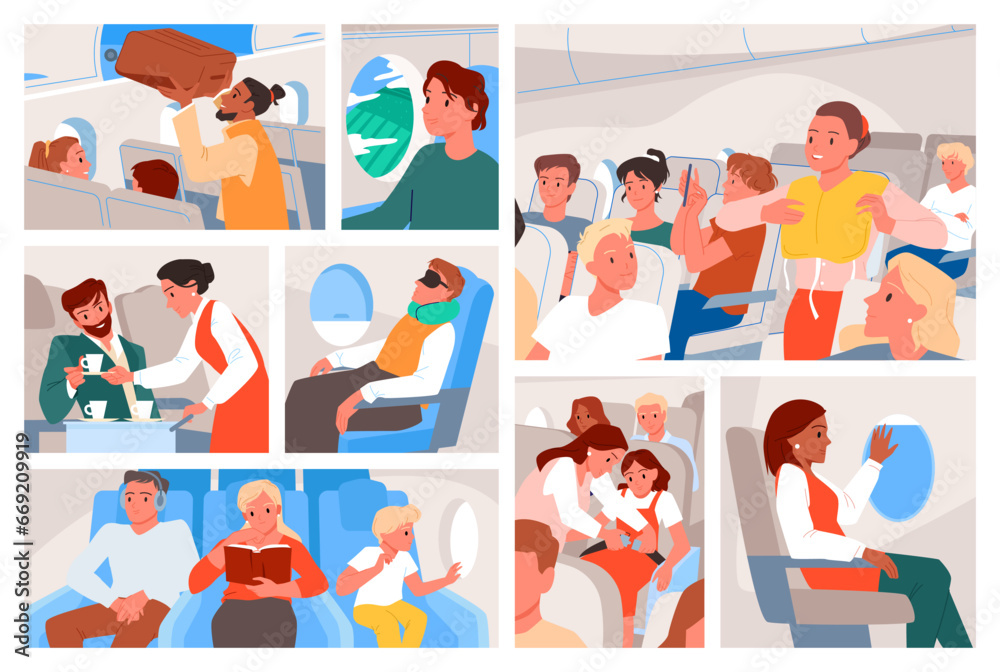 Cartoon people sitting in seats in cabin interior of airplane, looking ...