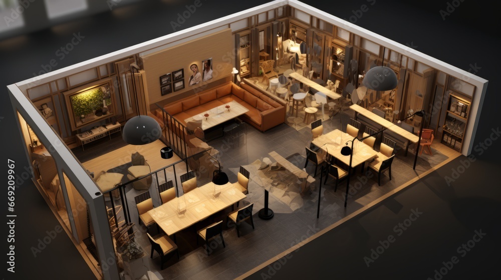 floor plan 3d design for small cafe with visible window seats Stock ...