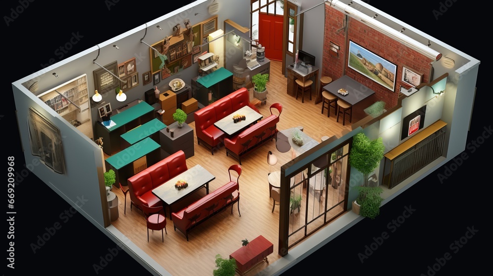 floor plan 3d design for small cafe with visible window seats Stock ...