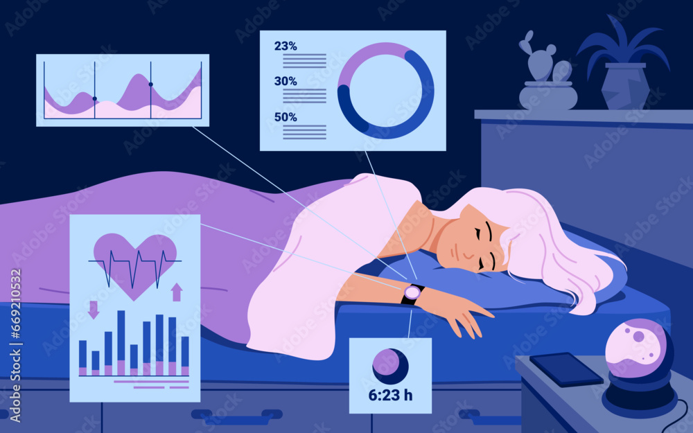 Vetor de Cartoon woman sleeping in bed using electronic device for ...