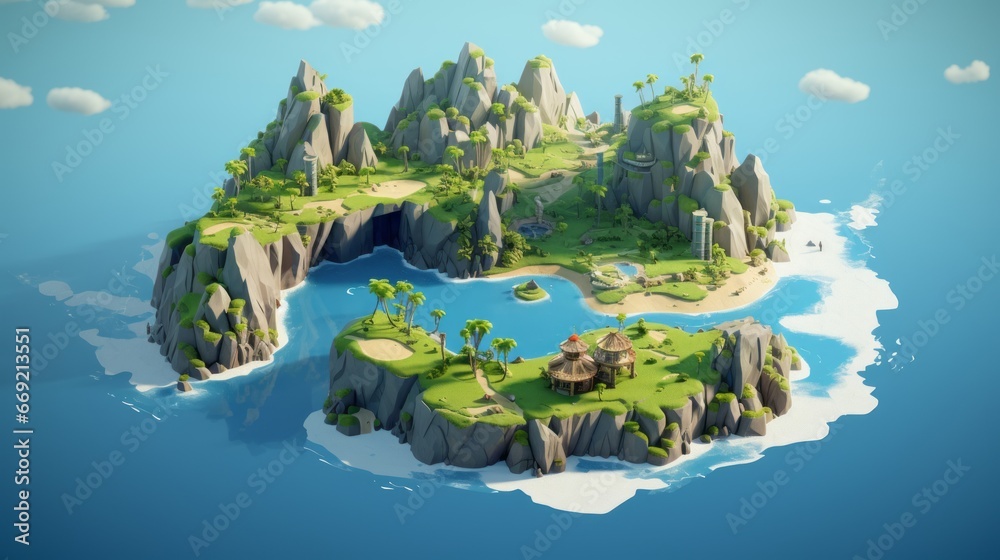 Isometric map of some tiny isles with houses on it in the carribean sea ...