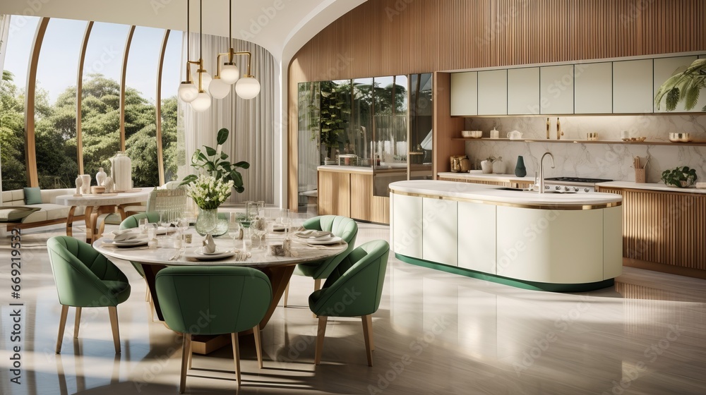 modern kitchen interior, oval luxurious architectonic mid century ...