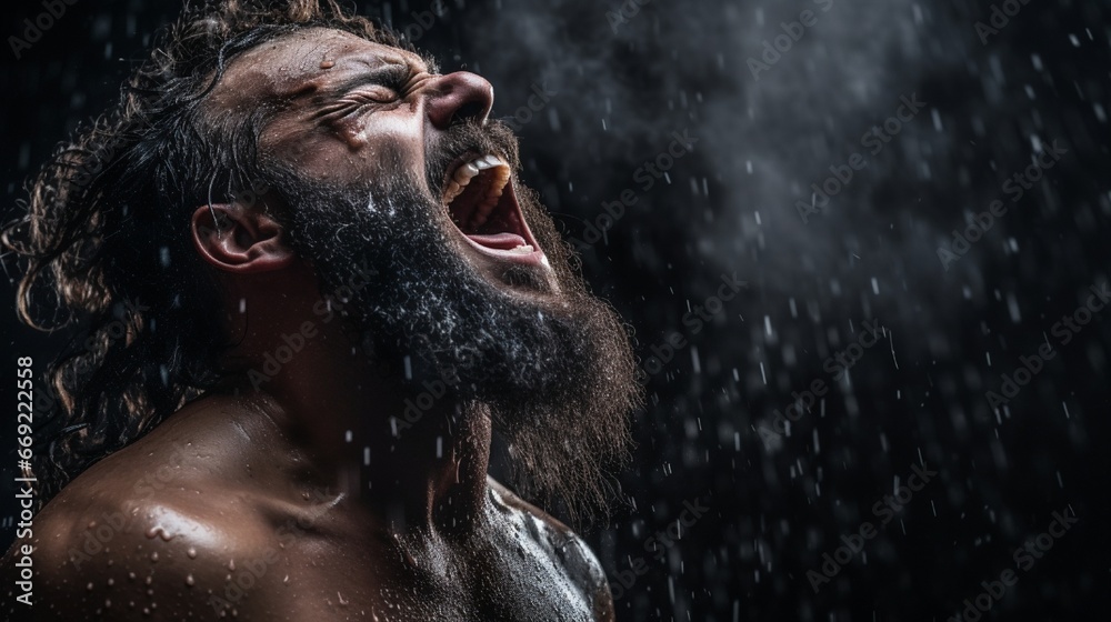 bearded man angrily screams into a spray of water against a black ...