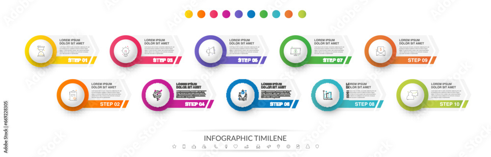 Business vector infographics with 10 circles and arrows. Timeline ...