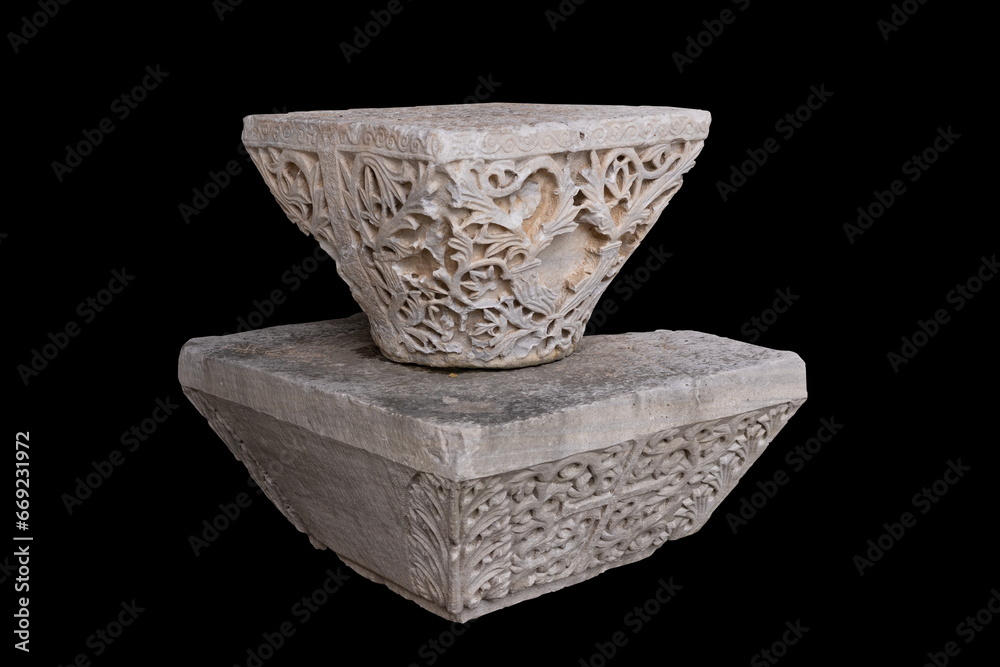 Old plaster sculptures and bas-reliefs, wall texture and patterns ...