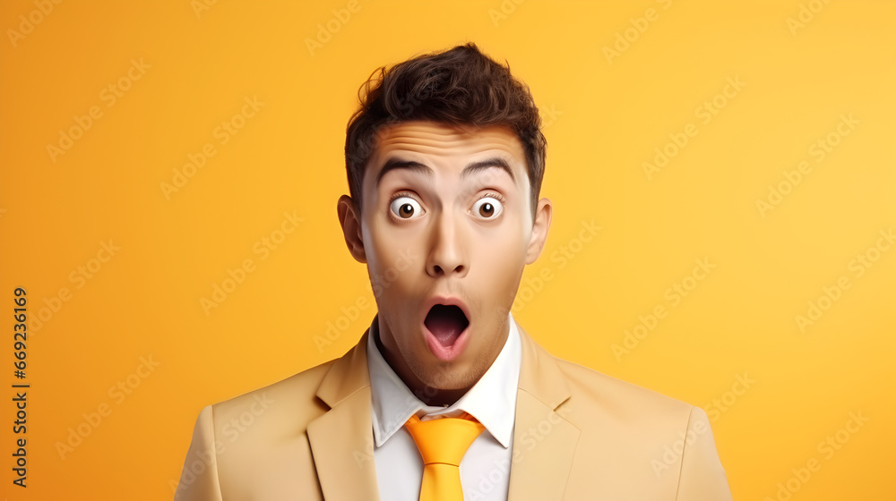 Surprised young manager man with eyes and mouth wide open, bright ...