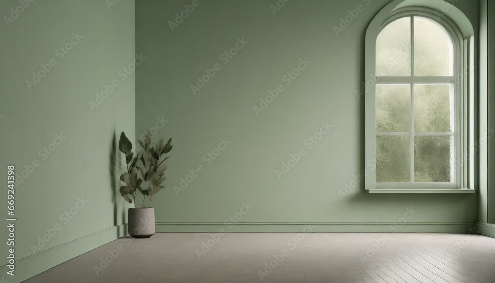 monochrome pastel sage green empty room with window in modern house ...