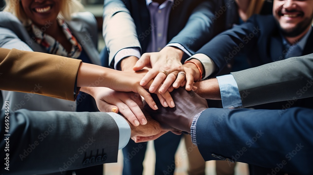 Diverse group of businesspeople with hands coming together in unity ...