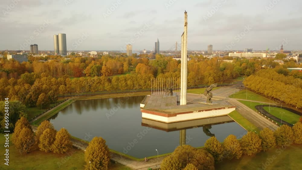 Aerial 4K video from drone to of Victory Monument In Riga (Uzvaras ...